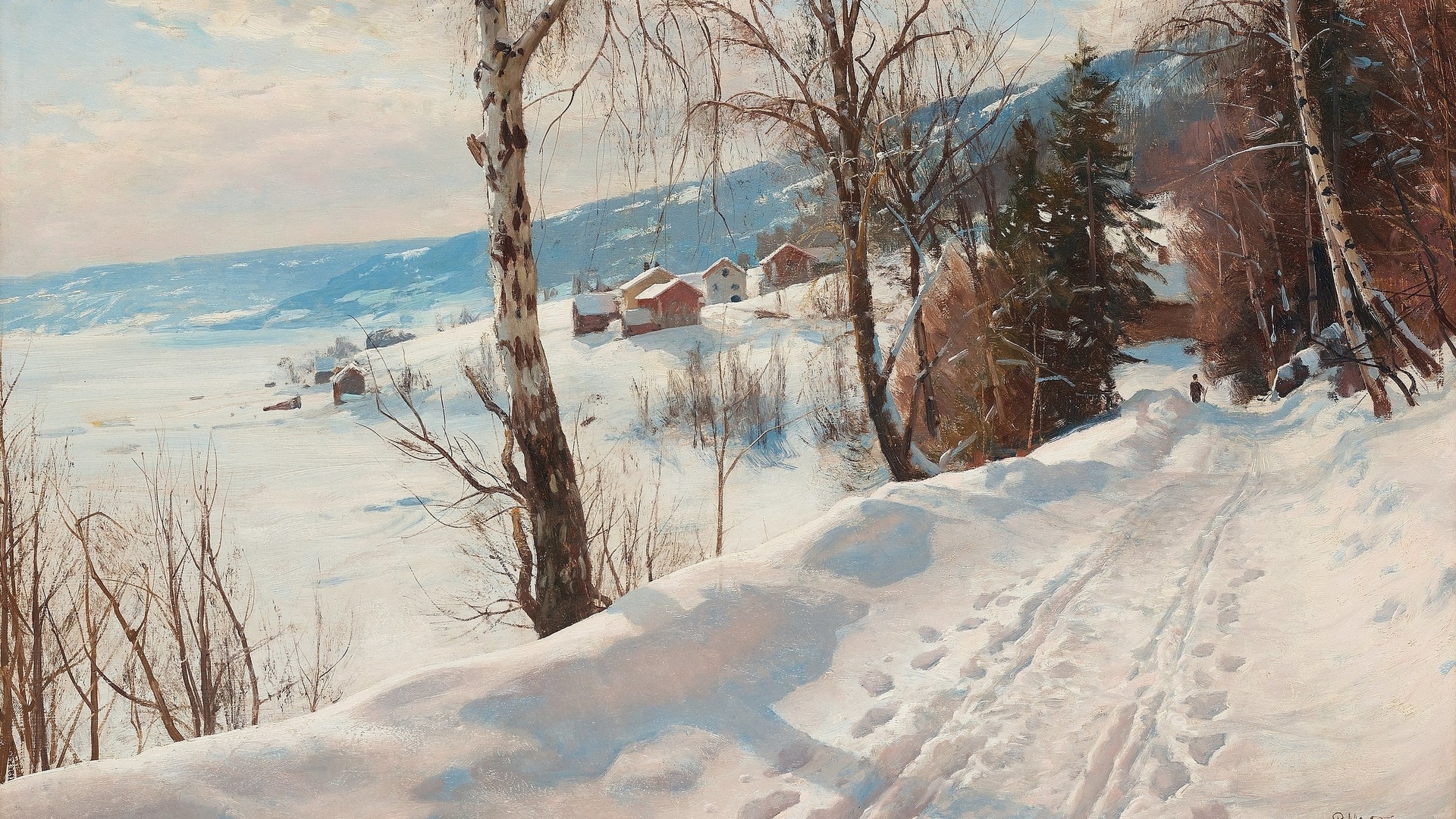 Картинки peder mork monsted, danish, 1916, winter scene from vignaes - обои 1920x1080, картинка ...